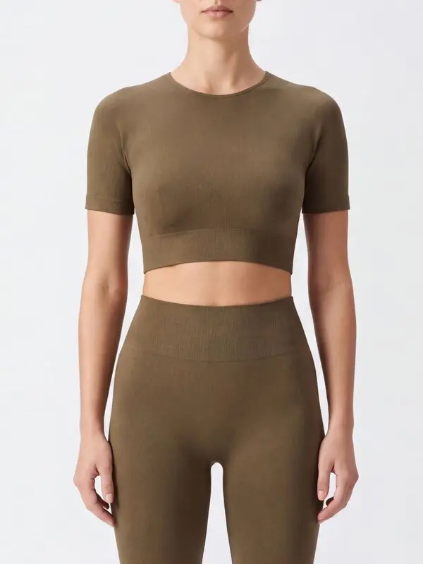 Wolford Short-sleeved Cropped Top In Stretch Technical Fabric With Crew Neck - Olive