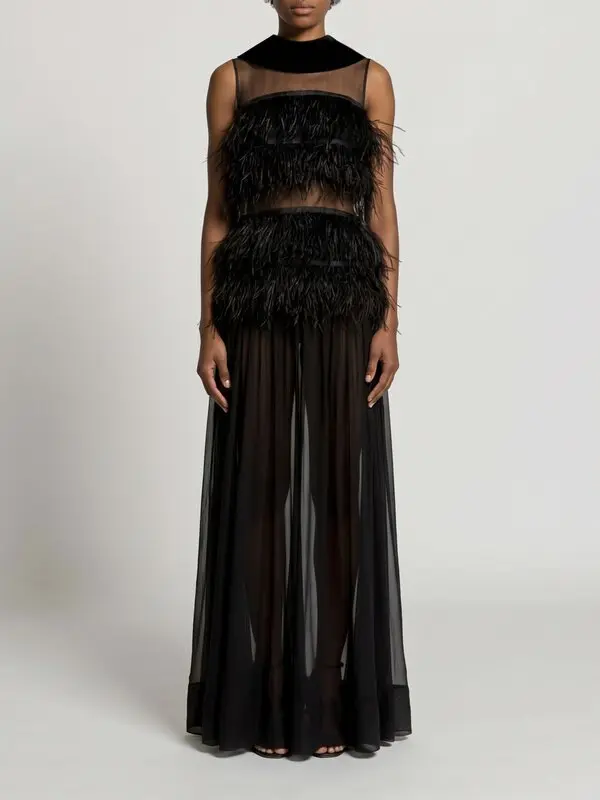 Alberta Ferretti Off-the-shoulder Long Silk Gown With Ostrich Feathers - Black