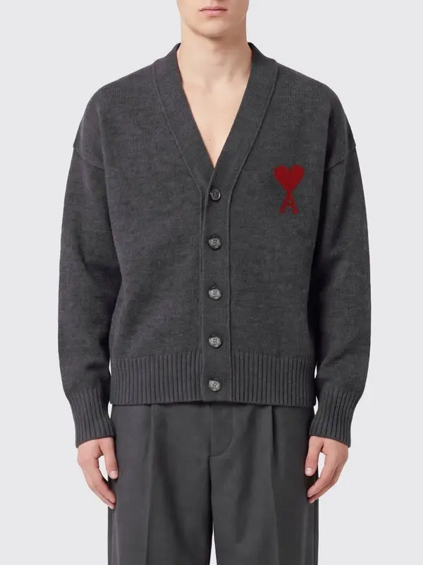 AMI Paris V-neck Pure Wool Cardigan With Contrast Logo - Grey 1