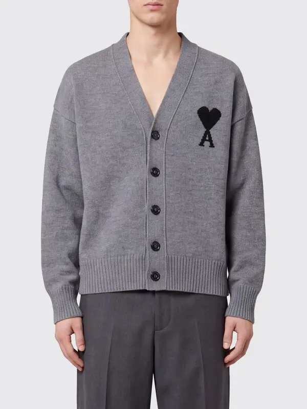 AMI Paris V-neck Pure Wool Cardigan With Contrast Logo - Grey