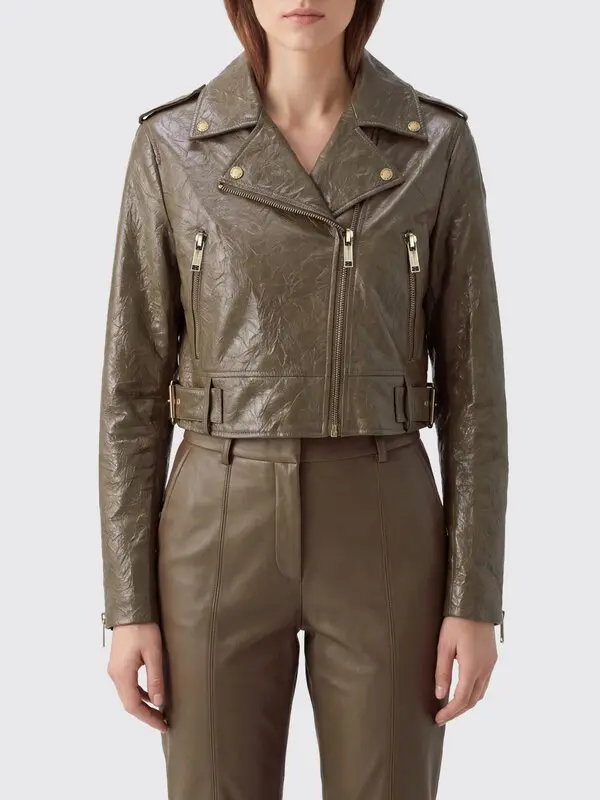 Michael Kors Faux Leather Biker Jacket With Side Zip Closure And Zip Pockets - Green