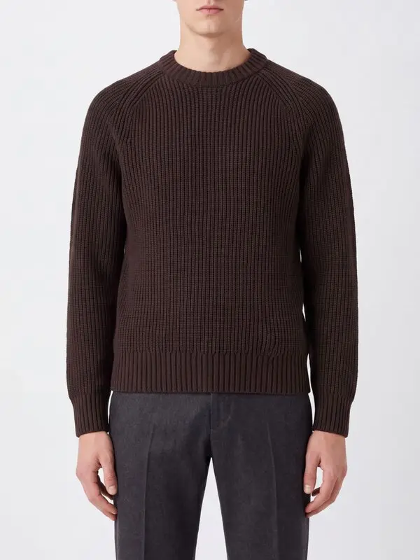 Closed Crewneck Jumper In Pure Wool With Long Sleeves And Ribbed Trims - Brown