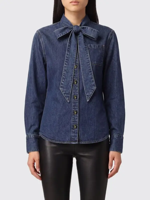 SELF-PORTRAIT Cotton Denim Shirt With Pussy-bow Collar And Pockets - Blue