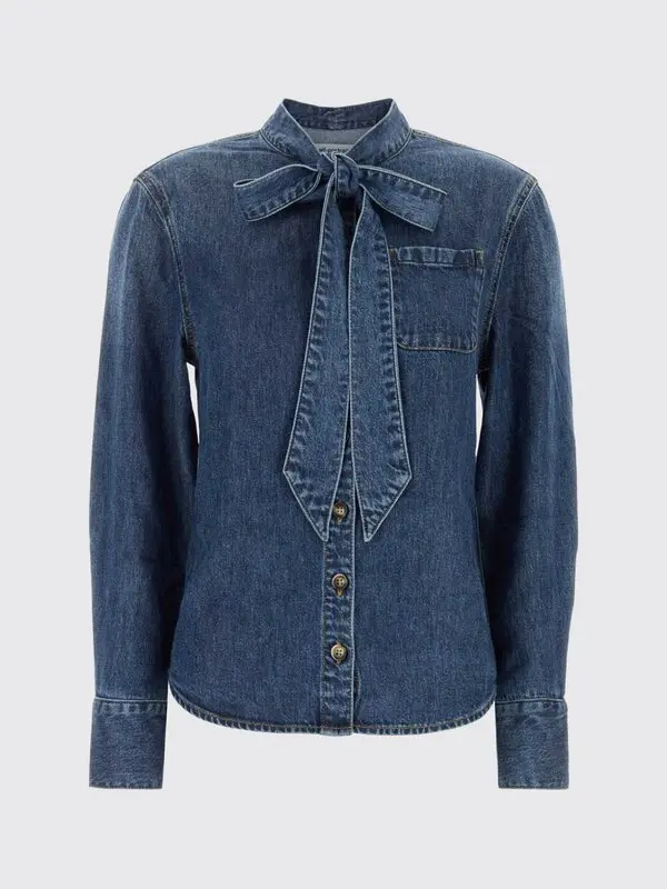 SELF-PORTRAIT Cotton Denim Shirt With Pussy-bow Collar And Pockets