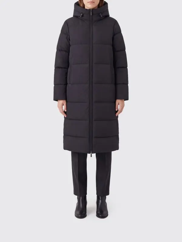 K-WAY Long Quilted Down Jacket With Hood And Applied Logo - Black