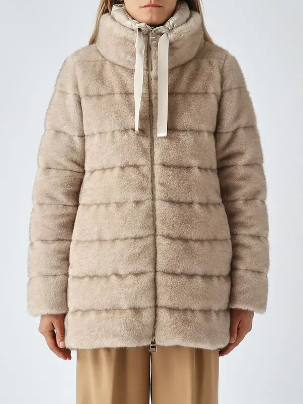 Herno Long Faux-fur Jacket With Funnel Neck And Drawstring - Camel