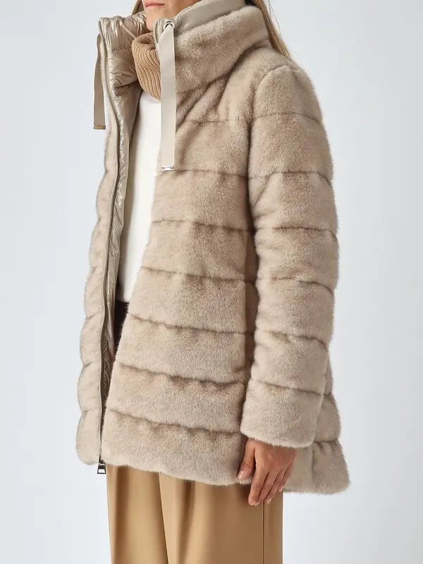 Herno Long Faux-fur Jacket With Funnel Neck And Drawstring