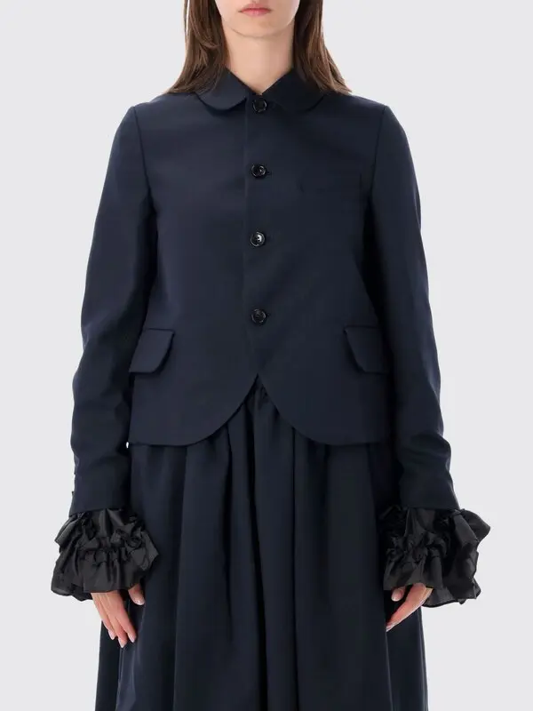 Comme Des Garçons Cropped Ruffle-detail Blazer - Navy