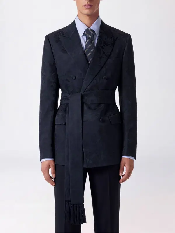 Valentino Garavani Silk And Wool Jacquard Robe Blazer With Belt - Blue