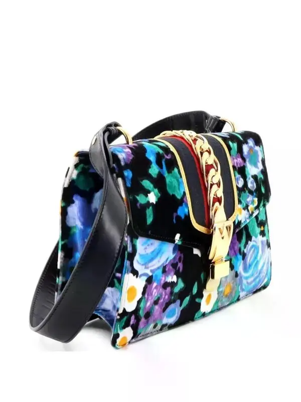 Gucci Sylvie Printed Velvet Small Shoulder Bag - Black