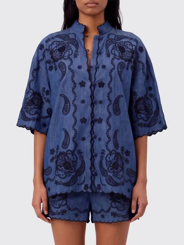 Zimmermann Aster Embroidered Cotton Shirt With Mandarin Collar - Blue