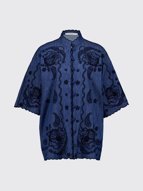 Zimmermann Aster Embroidered Cotton Shirt With Mandarin Collar - Blue