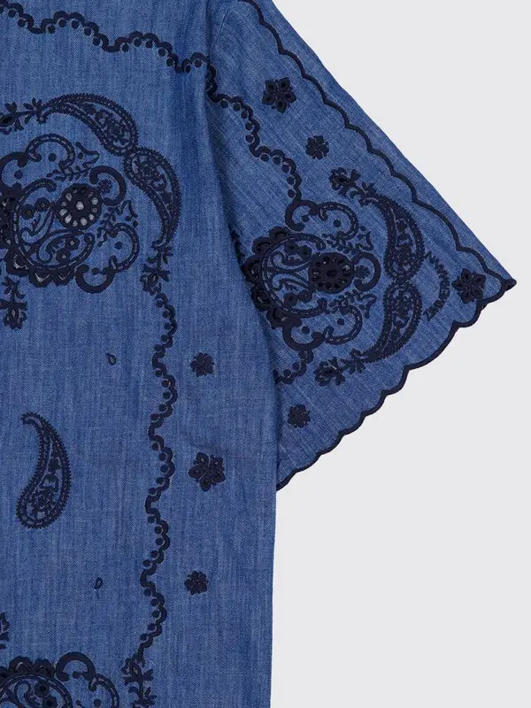 Zimmermann Aster Embroidered Cotton Shirt With Mandarin Collar - Blue