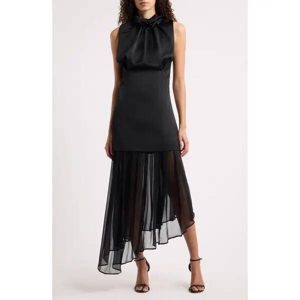 BOSS Draped High Neck Asymmetric Satin & Chiffon Dress