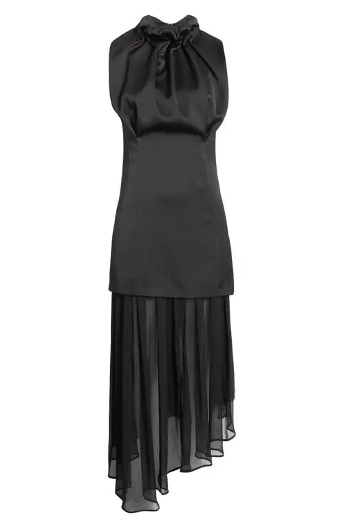 BOSS Draped High Neck Asymmetric Satin & Chiffon Dress