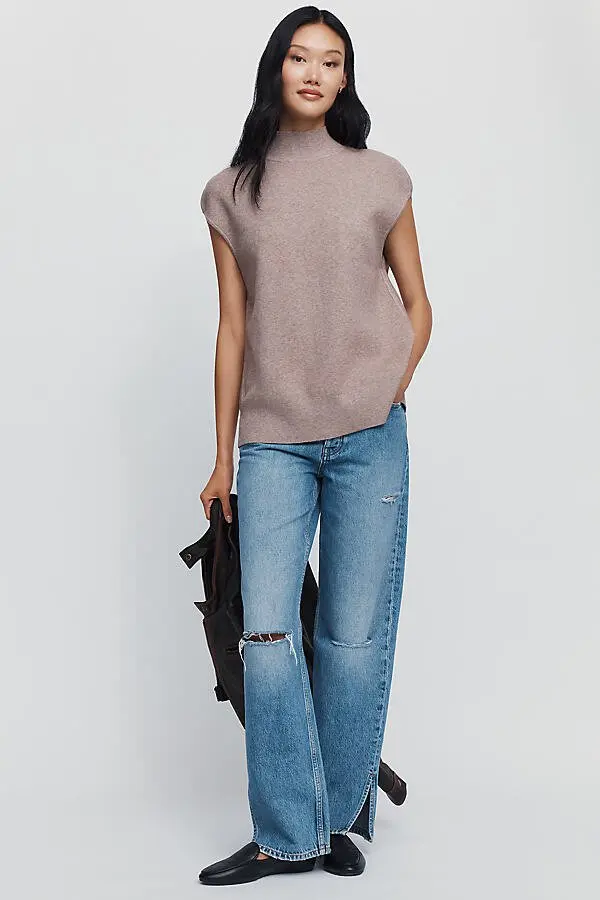 Maeve Mock Neck Cap Sleeve Sweater - Tan