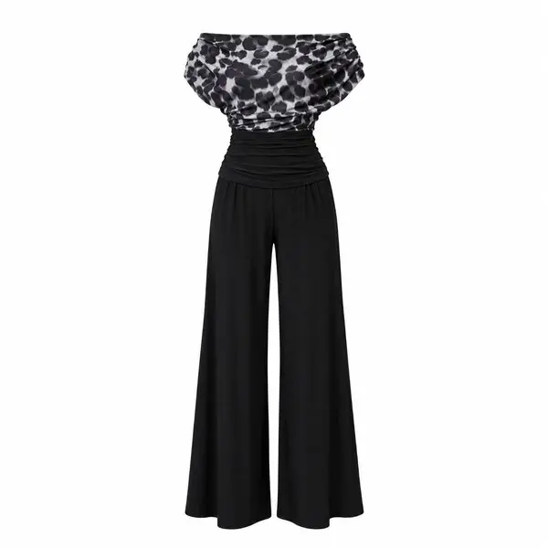 ATOM LABEL Carbon Bardot Wide Leg Jumpsuit Grey Leopard