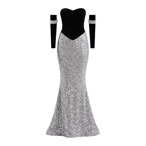 NUR KARAATA Pearl Affair Gown - Silver/black