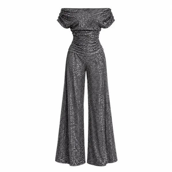 ATOM LABEL Carbon Sequin Bardot Wide Leg Jumpsuit Gunmetal - Silver