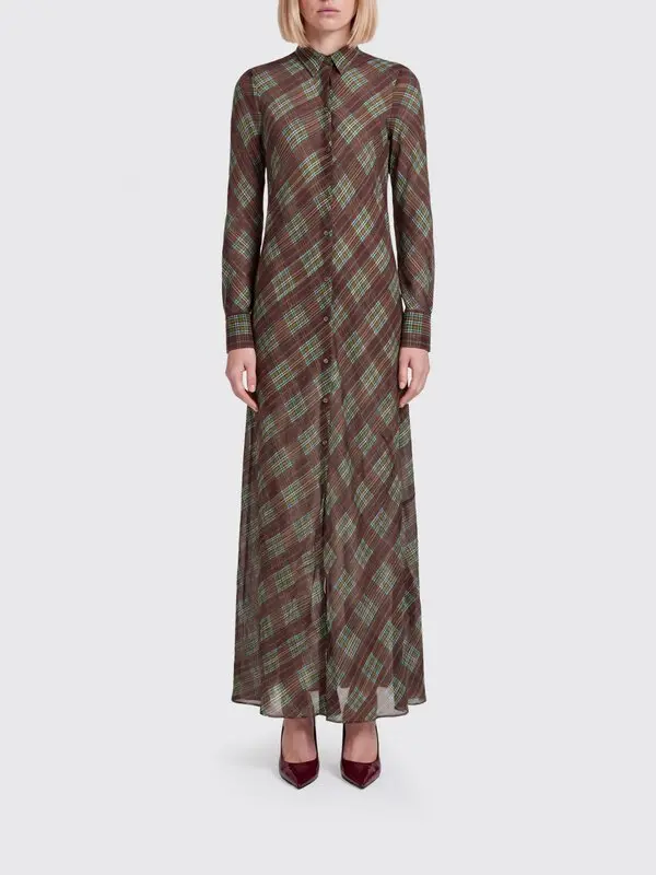 Dries Van Noten Long Check Silk Blend Shirtdress - Brown