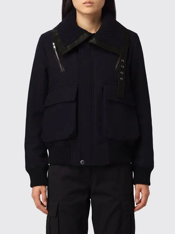 Sacai Wool And Nylon Utility Short Coat With Sailor Collar And Ribbed Trims - Navy