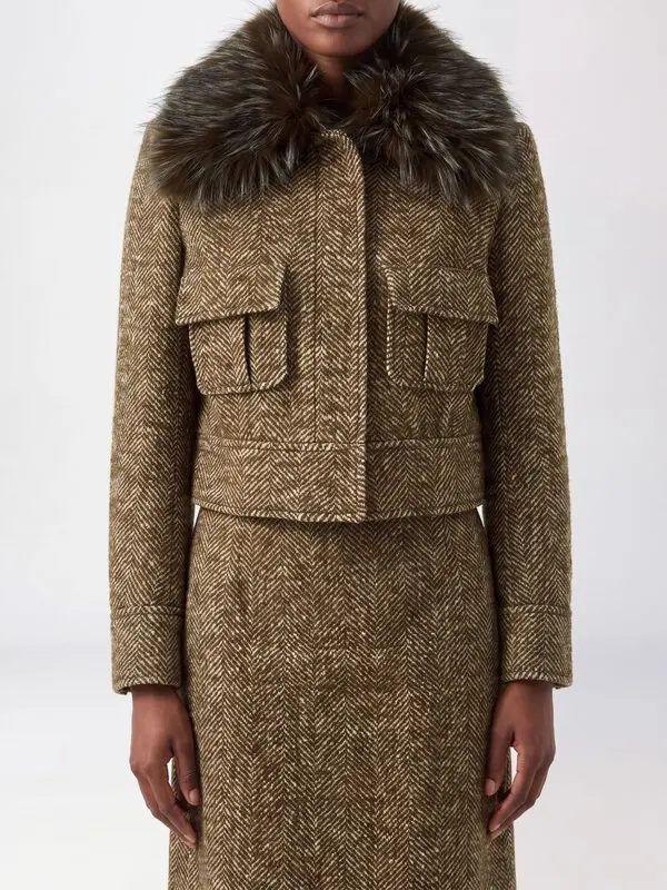 Zimmermann Chevron Wool Blend Short Coat With Fur Collar And Patch Pockets - Camel