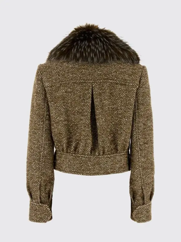 Zimmermann Chevron Wool Blend Short Coat With Fur Collar And Patch Pockets - Camel