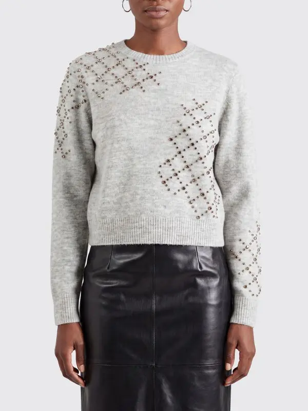 Pinko Crewneck Jumper In An Alpaca And Wool Blend With Rhinestone Appliqués - Grey
