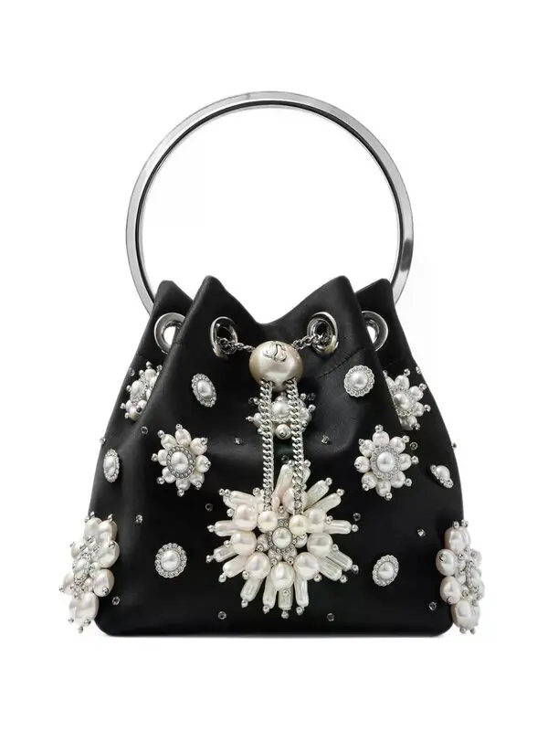 JIMMY CHOO Bon Bon Satin Bucket Bag With Floral Pearl Embroidery - Black