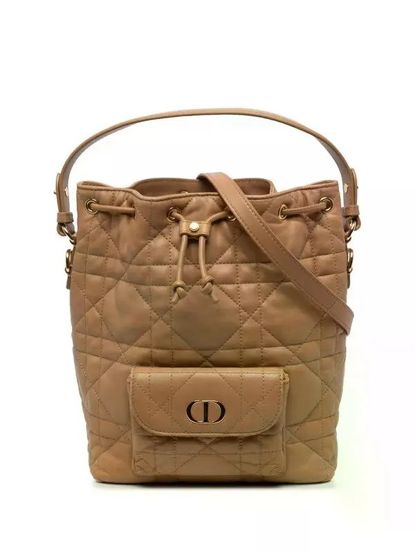 Dior 2025 Small Lambskin Macrocannage Caro Bucket Bag Satchel - Brown