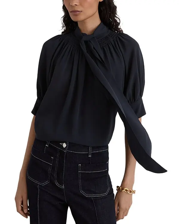 REISS Lerina Tie Neck Short Sleeve Top