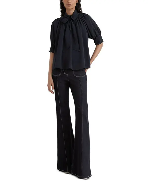 REISS Lerina Tie Neck Short Sleeve Top