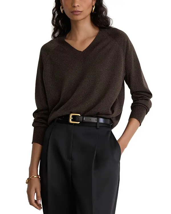 REISS Wool Blend Metallic V Neck Sweater - Chocolate