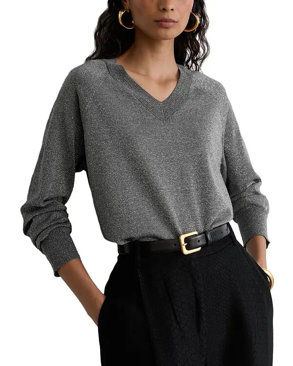 REISS Wool Blend Metallic V Neck Sweater - Silver Gray