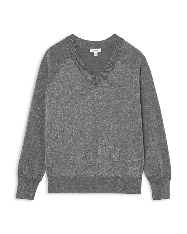 REISS Wool Blend Metallic V Neck Sweater - Silver Gray