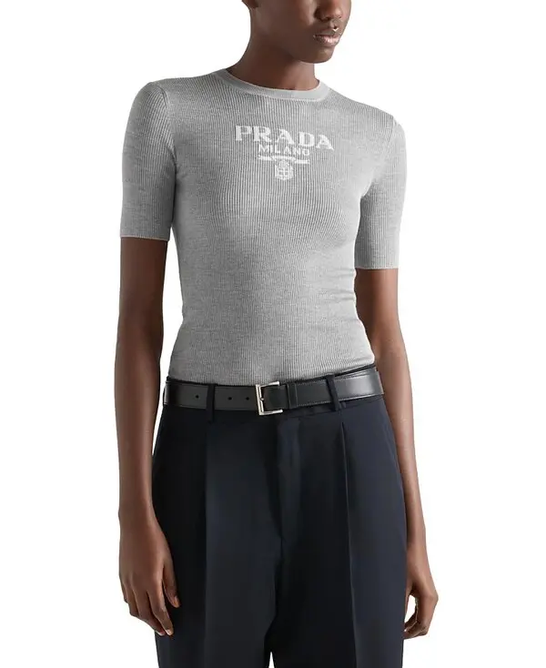 Prada Silk Crew Neck Sweater With Logo - Grey