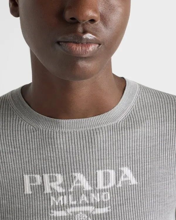 Prada Silk Crew Neck Sweater With Logo - Grey