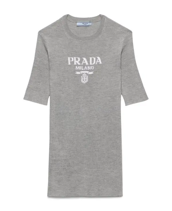 Prada Silk Crew Neck Sweater With Logo - Grey