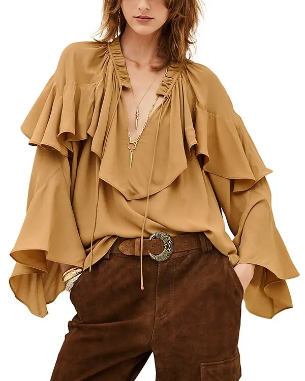 Ba&sh Betty Ruffled V Neck Blouse - Camel