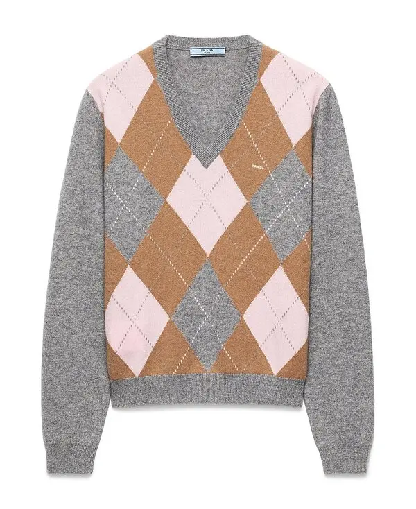 Prada Argyle Cashmere V-neck Sweater - Gray/camel