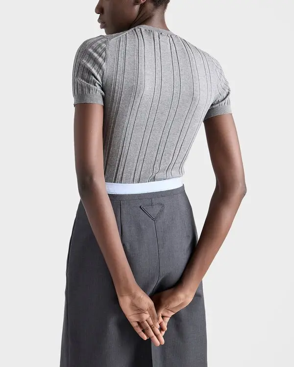 Prada Short Sleeved Ribbed Knit Cotton Sweater