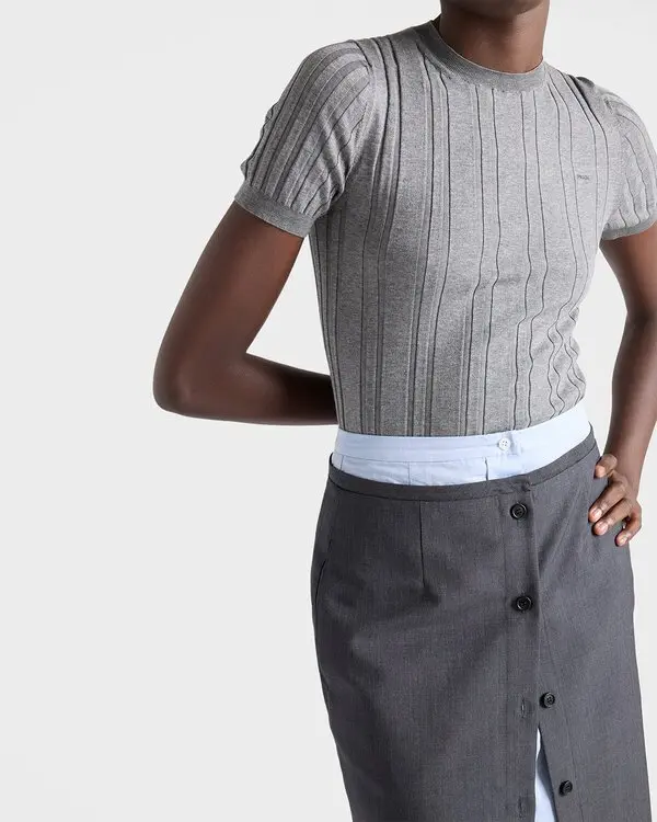 Prada Short Sleeved Ribbed Knit Cotton Sweater