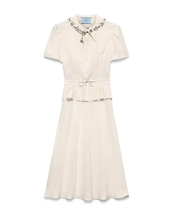 Prada Embroidered Marocain Dress - Natural