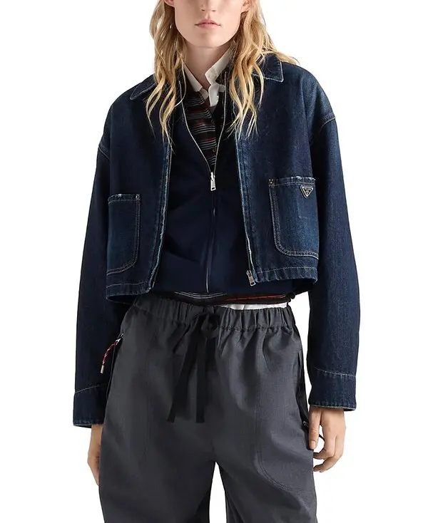 Prada Cropped Denim Blouson Jacket - Navy