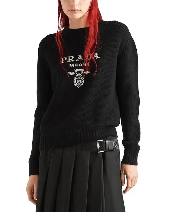 Prada Cashmere And Wool Logo Crew-neck Sweater - Black