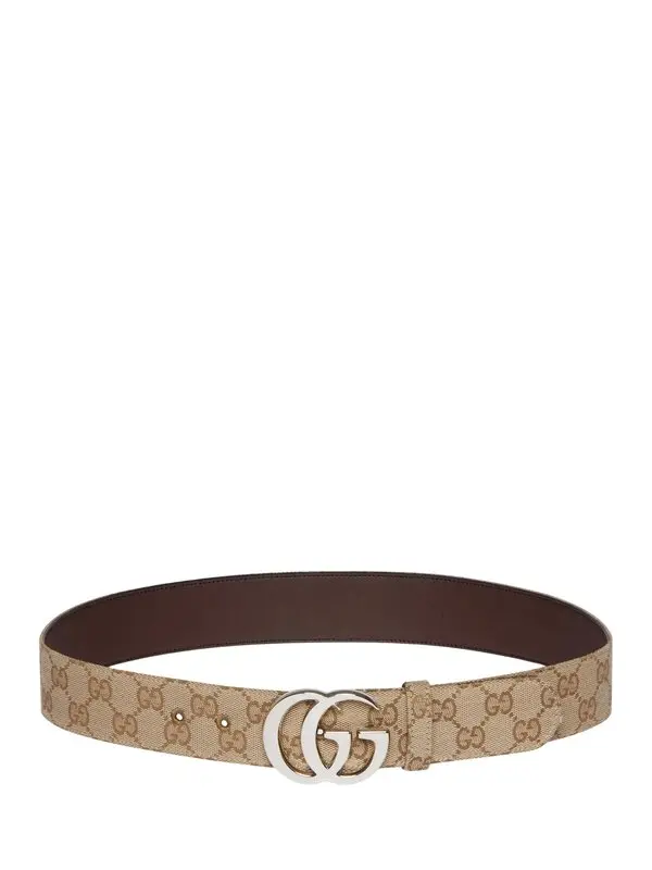 Gucci Marmont Double G Gg Fabric Belt With Silver-tone Buckle - Beige