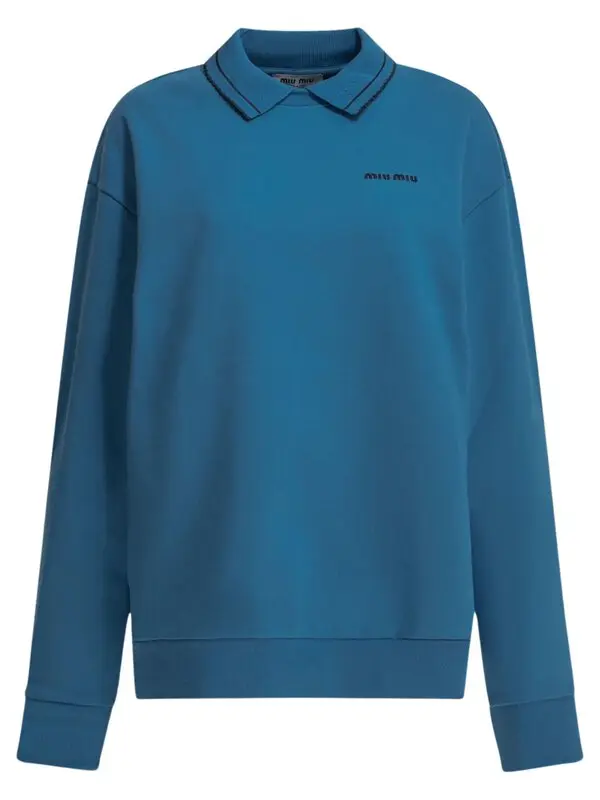 Miu Miu Classic Collared Cotton Sweatshirt With Relaxed Fit - Light Blue