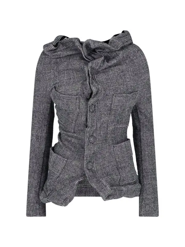 Junya Watanabe Tailored Plaid Jacket With Draped Neckline - Grey