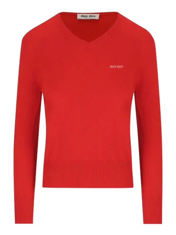 Miu Miu Cashmere V-neck Sweater With Ribbed Trim & Embroidered Logo - Red
