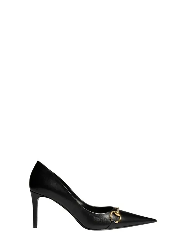 Gucci Horsebit Leather Pump With Pointed Toe And Mid Stiletto Heel - Black